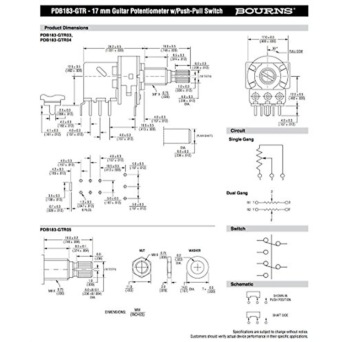 Genuine Bourns 500K (Pack of 2) Split Shaft Push-Pull Pot for Electric Guitar