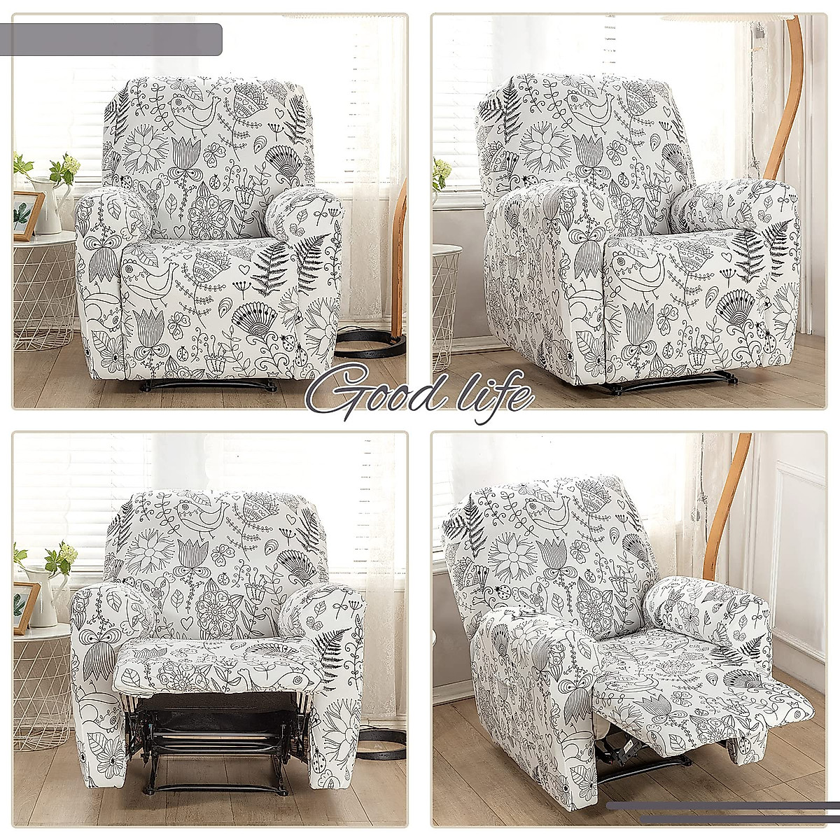 Stretch Recliner Cover Printed Chair Slipcovers 4 pcs in 1 Set Recliner Covers with Pockets 1 seat Printed Fallon Collection Slipcover Recliner Furniture Protector, Elastic Bottom (Wild Flower, 1 Set)