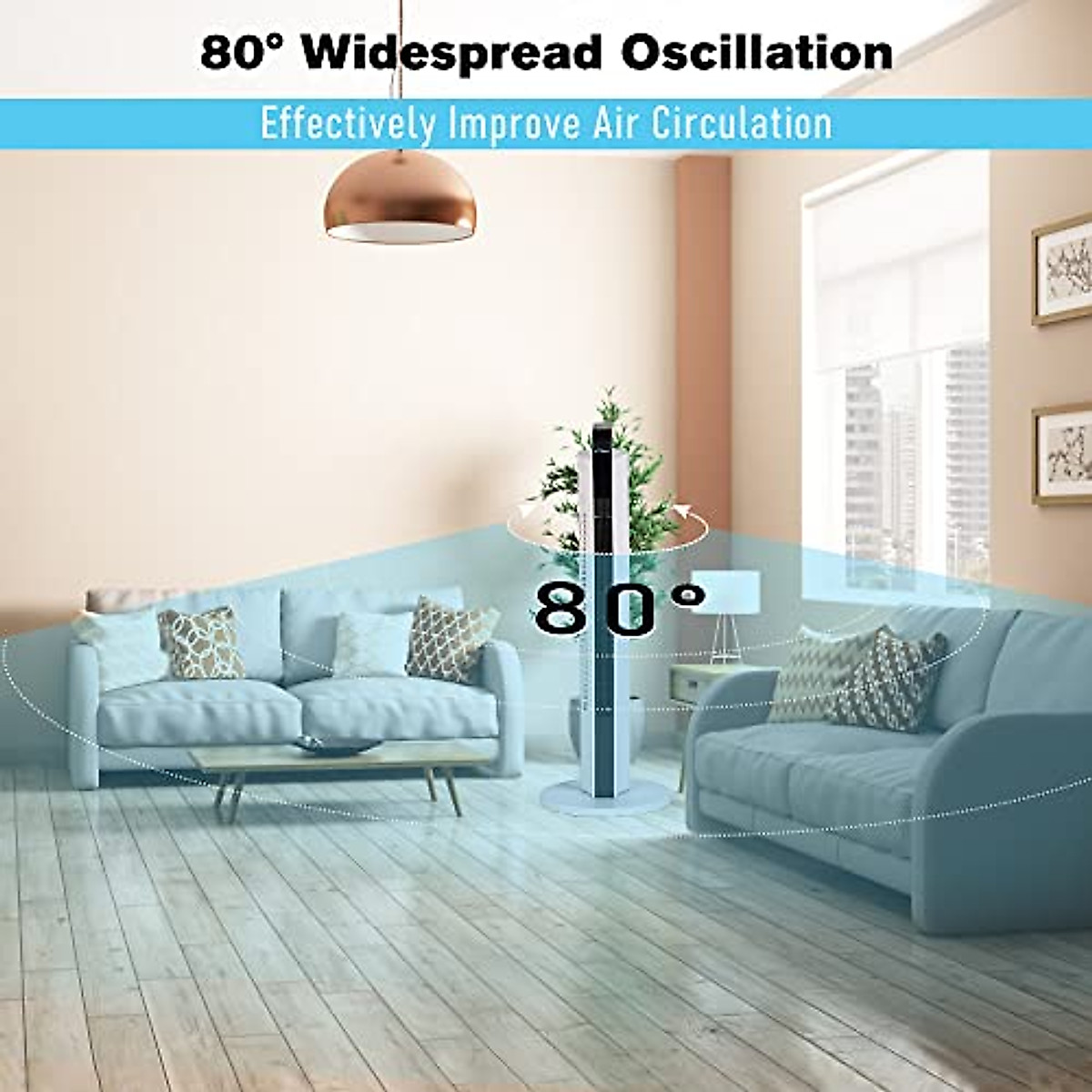 E-Macht Tower Fan 35 Inch Oscillating Fan, Bladeless Floor Fans with 3 Speeds, 3 Modes, 80° Oscillating, 8H Timer, Remote Control & LED Display Standing Fans for Home Room Office