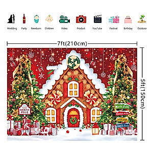 Christmas Gingerbread House Backdrop Winter Merry Xmas Tree Gift Photography Background Family Holiday Party Red Christmas Theme Backdrop Decoration 7x5FT