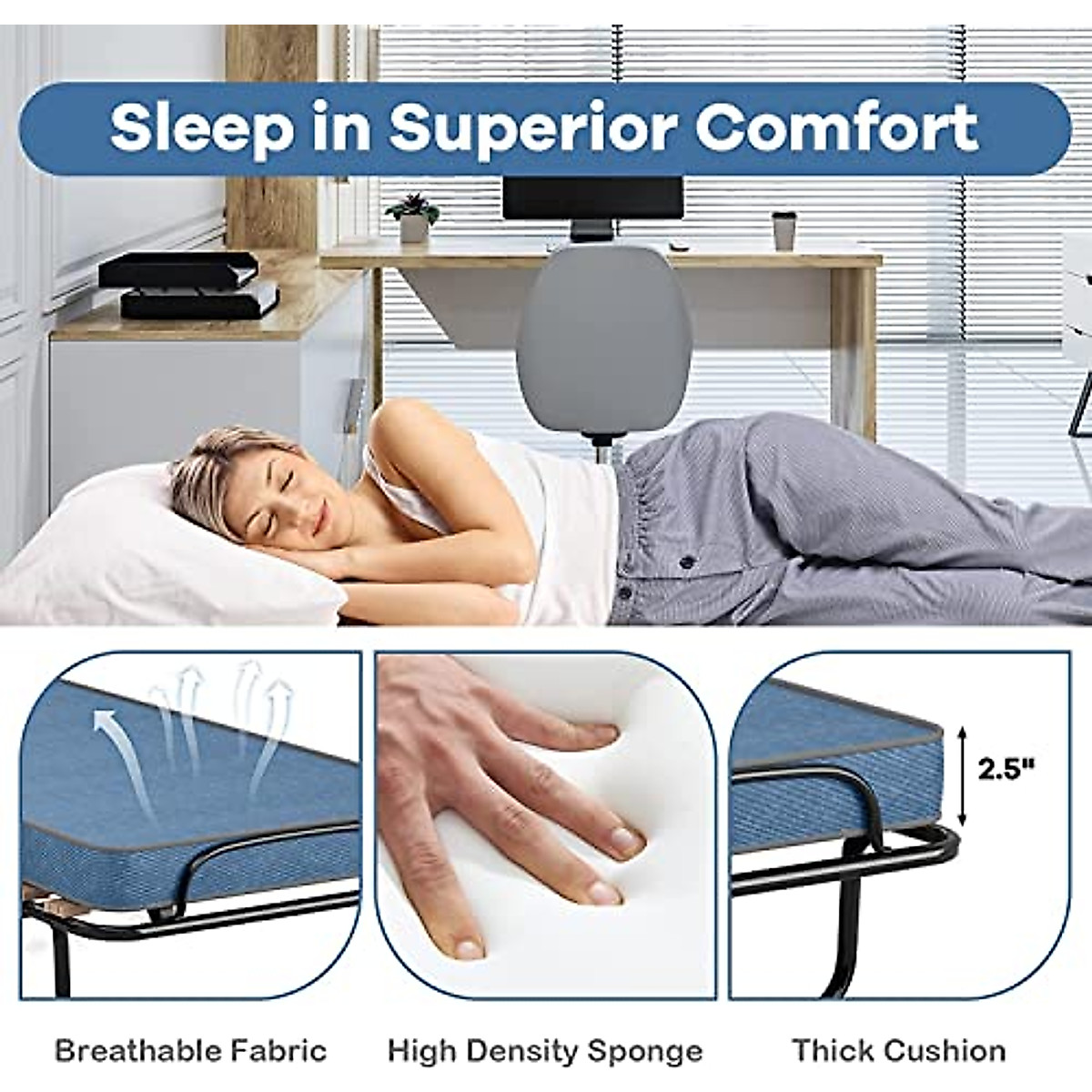 Augester Folding Bed with 4 Inch Mattress, Rollaway Foldable Guest Bed for Adults, Memory Foam Mattress & Sturdy Metal Frame, Portable Bed Cot Size w/Wheels, Easy to Transport, Blue