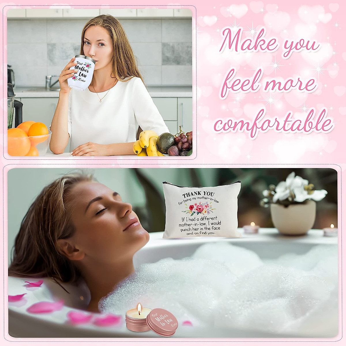 Nuanchu Mother Gift Set Birthday Gifts for Mom from Daughter Son Thank You Gift Relaxing Spa Gift Basket Makeup Bag Keychain 12 oz Wine Tumbler with Lid Straw Brush Mothers Day Gift (Mother in Law)