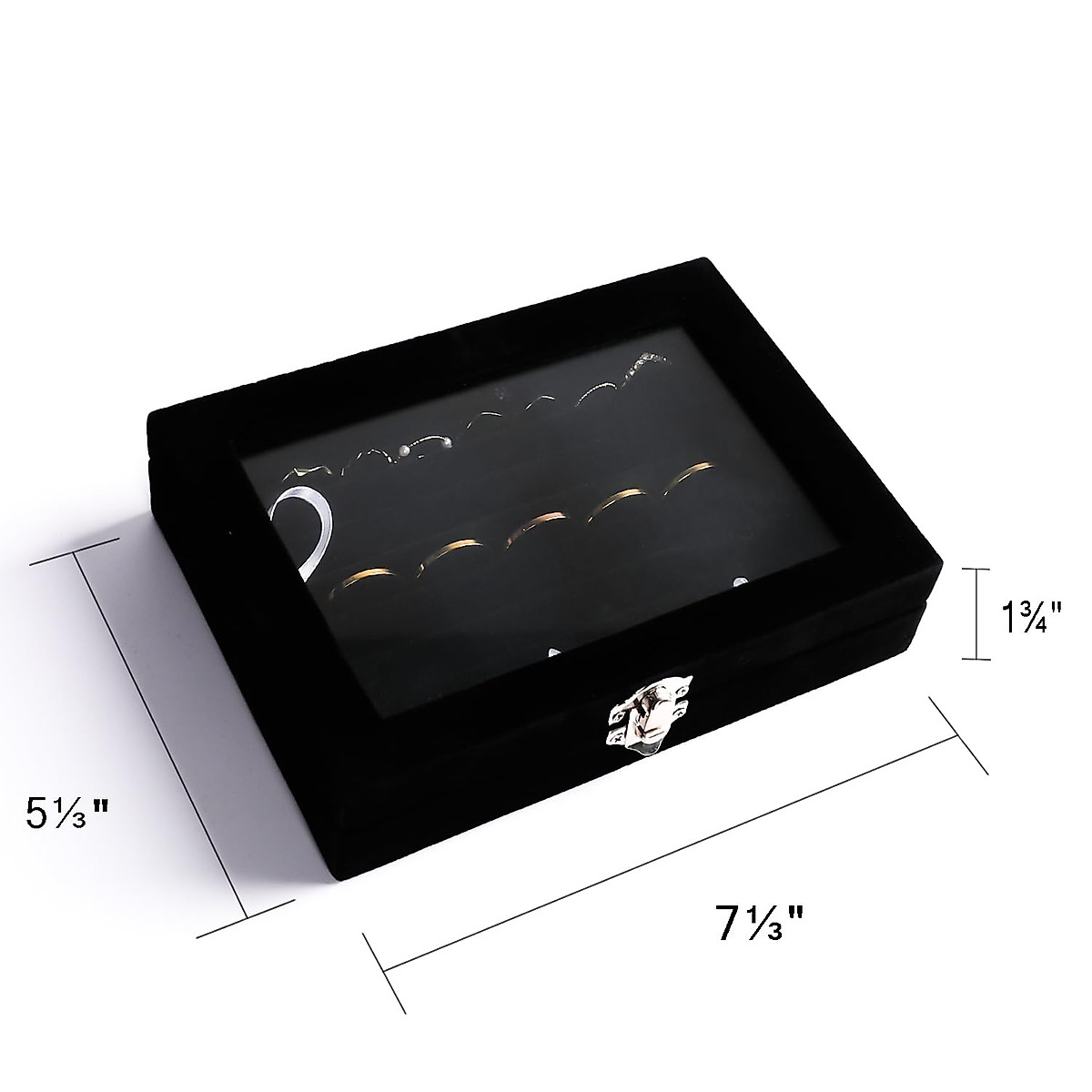 Frebeauty Rings/Earring Organizer Tray with Clear Lid,7 Slots Ring Box Velvet Ring Holder Drawer Insert Jewelry Storage Box Jewelry Display Case Jewelry Box Gift for Women and Girls(Black,7 Slots)
