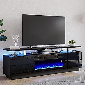 Amerlife Fireplace TV Stand with 36" Fireplace, 70" Modern High Gloss Entertainment Center LED Lights, 2 Tier TV Console Cabinet for TVs Up to 80", Black