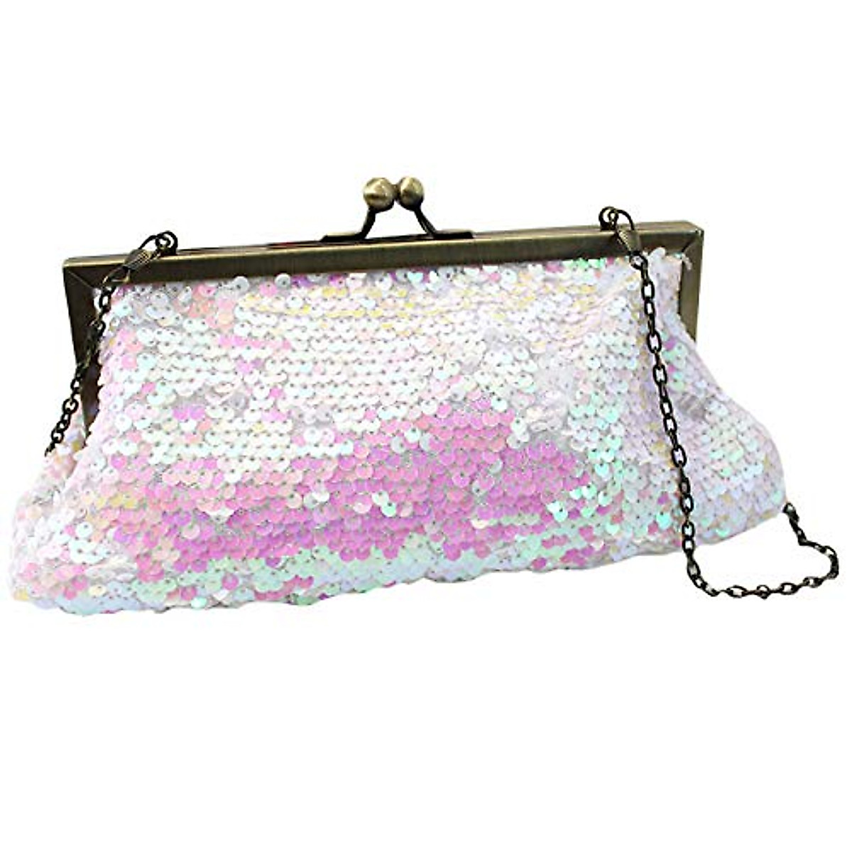 Felice Ann Glitter Mermaid Kissing Lock Sequin Evening Clutch Prom Party Handbag Chain Strap Crossbody Bag White