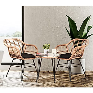 Leasbar 3 Piece Patio Conversation Bistro Set Porch Furniture Rattan Wicker Chairs，Outdoor Modern Garden Furniture Set for Porch Backyard Pool