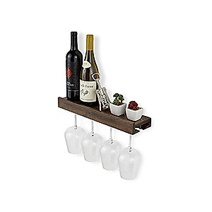 Rustic State Smith Wall Mounted Wood Floating Wine Bottle Rack with Glassware Holder Stemware Shelf Storage Organizer - Home, Kitchen, Dining Room Bar Décor -Walnut
