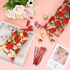 Willbond 100 Pieces Strawberry Party Bags Strawberry Cellophane Treat Bags Favors Plastic Candy Goodies Bags with 100 Pieces Twist Ties for Strawberry Themed Birthday Party Decorations
