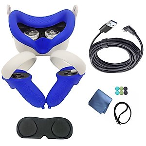 Accessories Set for Oculus Quest 2, Touch Controller Protective Grip Cover with Straps, 16FT Link Cable Type C for Gaming and Fast Charging, Silicone Face Cover, Lens Cover and Rocker Cover