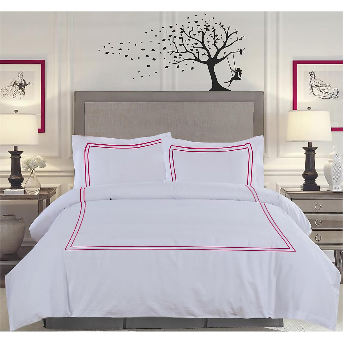 BedDecor Luxury 400-TC Egyptian Cotton 3PC Embroidered Duvet Cover Set with Beautiful 2-Stripe Embroidery(Hot Pink, Full/Queen)