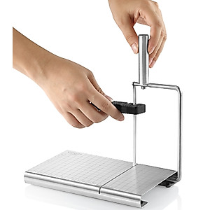 Stainless Steel Cheese Slicer - Multipurpose Cheese Slicer Board & Food Cutter with 4" Blade, 5" x 8" with Accurate Size Scale for Cutting Cheese Butter Vegetables Sausage Herbs & More (No Wire)