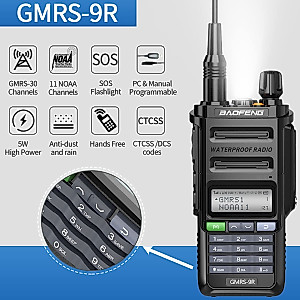 Baofeng GMRS-9R GMRS Radio Waterproof IP67 Two Way Radios Rechargeable Walkie Talkies Long Range NOAA Weather Alerts Scan With extra Battery,Programming Cable,Tactical Antenna,Speaker Mic,Tactical Bag
