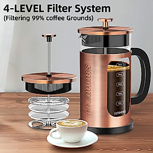 TECOHORS French Press Coffee Maker 34oz / 1 Quart 304 Stainless Steel Coffee Press,with 4 Filters System, Heat Resistant Thickness Borosilicate Glass, Brewed Coffee Pot (Copper)