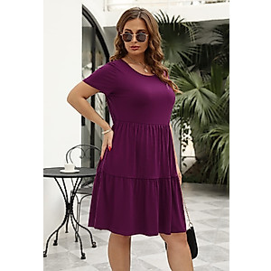 Nemidor Womens Plus Size Casual Ruffle Dress Short Sleeve Layered Swing Midi T Shirt Dress with Pocket NEM298 (20, Purplish Red)