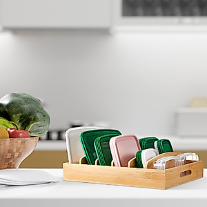 Leinuosen Set of 2 Kitchen Cabinet Organizer for Storage Lid Organizer Bamboo Drawer Organizer Kitchen Pantry Lid Holder with 5 Adjustable Dividers for Plastic Lids Organization Kitchen Covers Storage