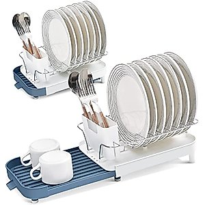 TOOLF Compact Dish Drainer, Small Expandable Dish Rack, Stainless Steel Dish Drying Rack with Removable Cutlery Holder, Anti Rust Plate Rack, Small Sink Drainer for Kitchen Countertop