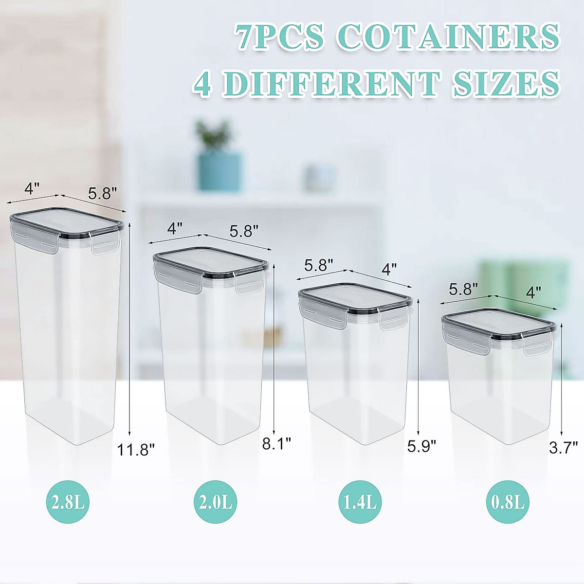 Jeffbaubl 7 PCS Airtight Food Storage Containers,Kitchen Storage Containers with Lids,Plastic Dry Food Canisters with Marker & 24 Labels For Pantry Organization Storage,BPA Free