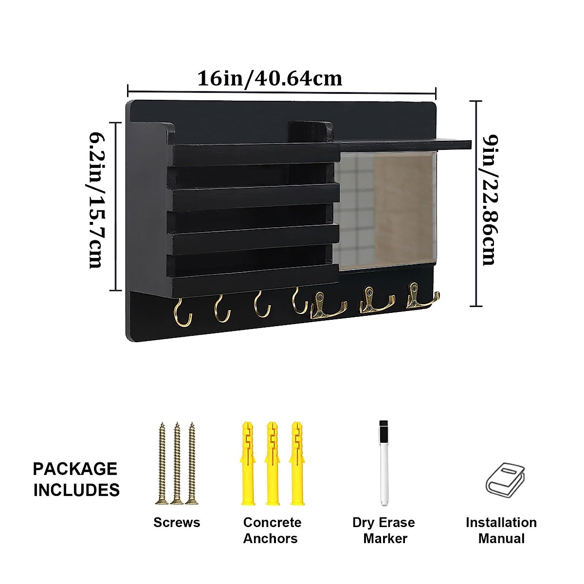 Kenvary Key Holder Rack for Wall, Entryway Hook with Shelf, Mail Organizer with Chalkboard, Rustic Mail Organizer with Mirror, Easy Installation