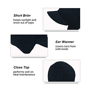 Koreshion Men's Winter Visor Beanie Hat with Earflaps Knit Baseball Cap with Brim Ski Hat Warm Fleece Lined Hunting Hat Black