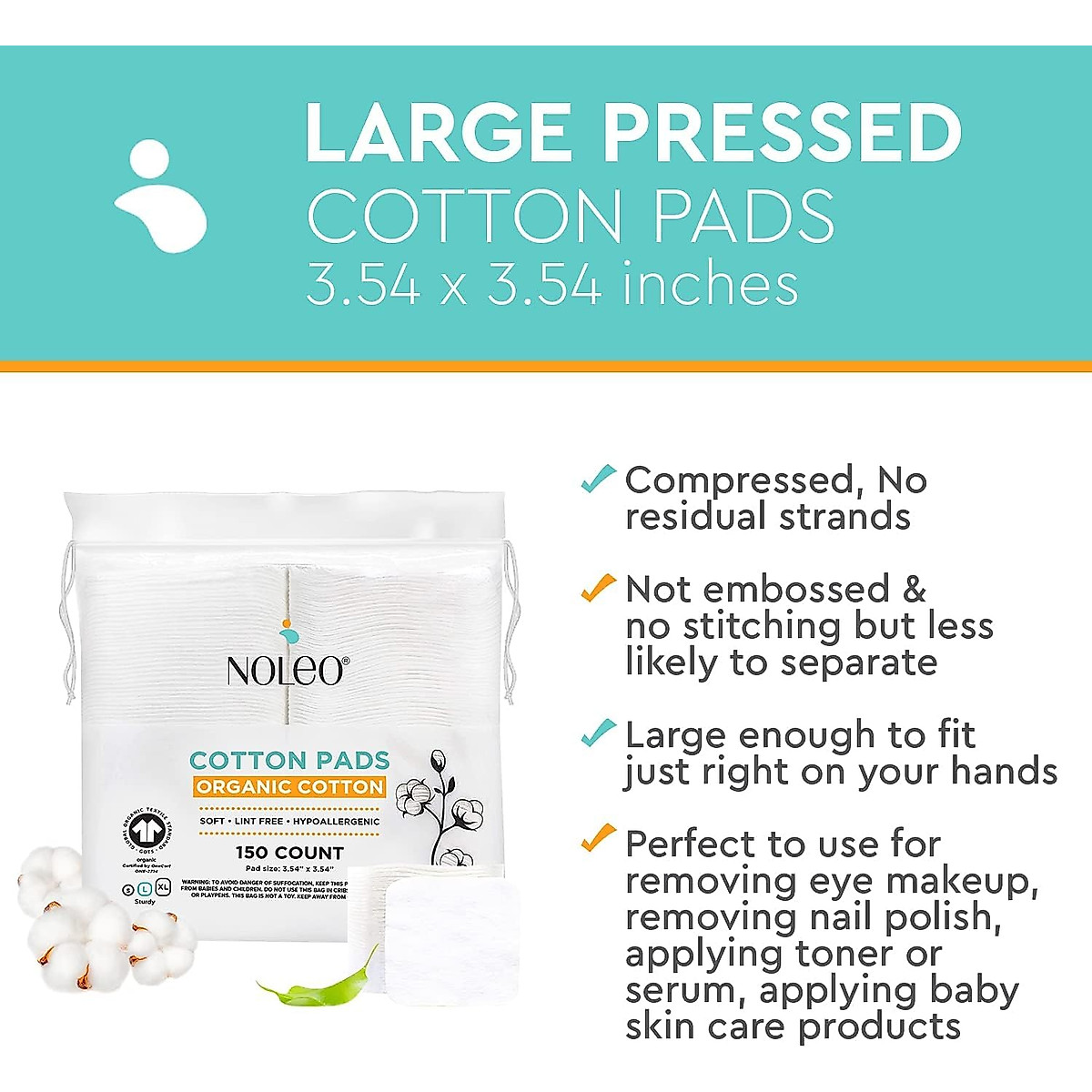 Organic Cotton Pads (450 Count (Pack of 3), Large & Pressed) - Lint Free, Soft, No Hard Edges, 3" 54x3 54