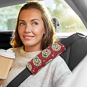 Halloween Sugar Skull Heart Seat Belt Covers 2 Pack Car Seat Strap Covers Super Soft Seat Belt Cushion for Girls Boys Adults Baby