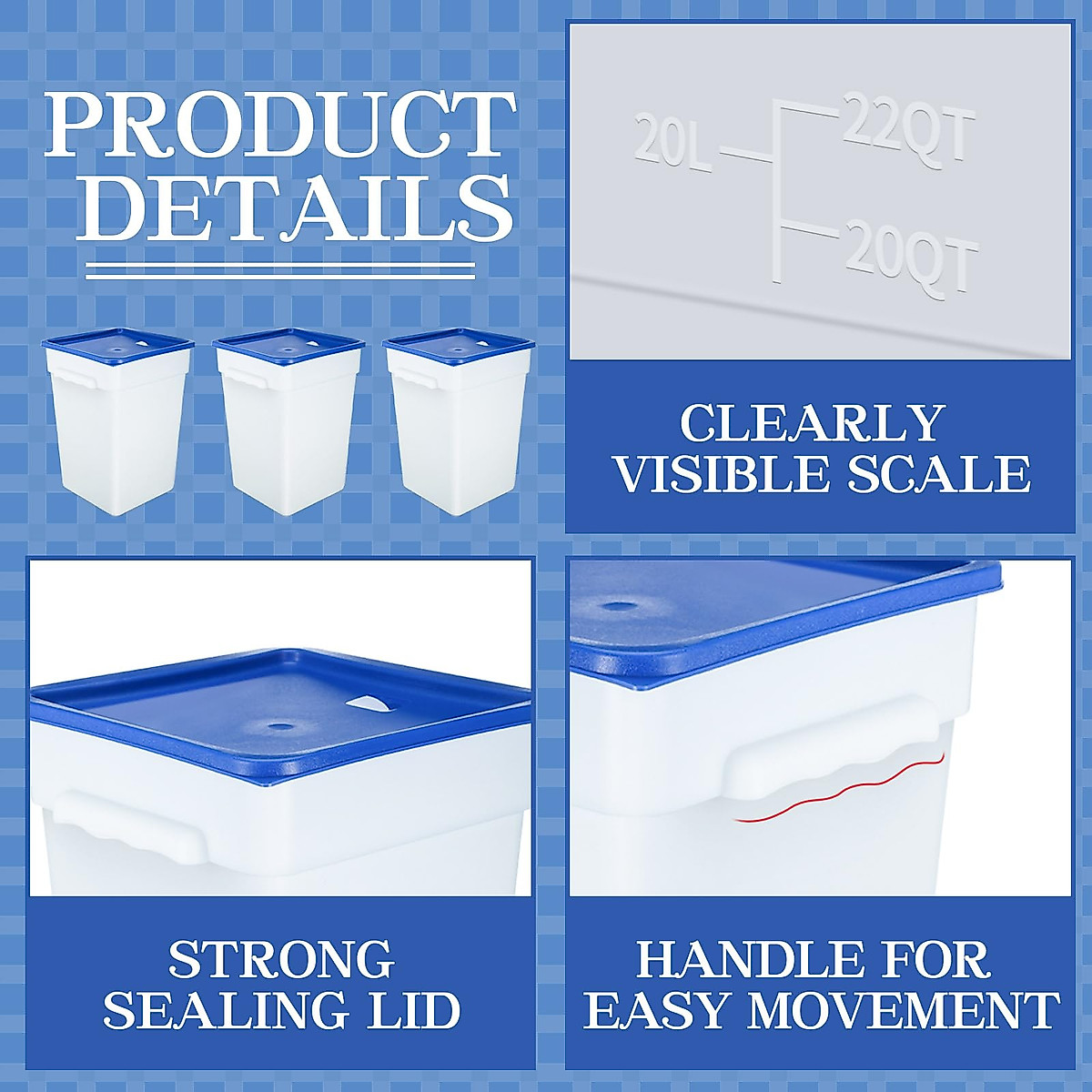 Roshtia 2 Pcs 22 Qt with Lid Commercial Large Food Storage Containers with Lids Airtight Plastic Brining Bucket with Lid Square Polycarbonate Container for Kitchen Sugar Coffee Food Prep, White