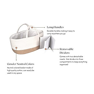 Mila Millie Baby Large Cotton Rope Diaper Caddy | Organizer Storage Bin for Nursery Essentials | Portable Bag for Changing Table and Car | 100% Natural Cotton | Eco friendly (White & Biege) 15.5x10x7 Inch (Pack of 1)