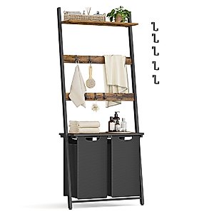 VASAGLE Laundry Basket, 2-Section Laundry Hamper with Blanket Ladder, Pull-Out and Removable Liners, Shelf, 5 Hooks, 2 x 12.1 Gallons, 28.7 x 13 x 69.7 Inches, Rustic Brown and Black UBLH221B01