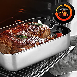 NutriChef Stainless Steel Roasting Pan with Lid and Polished Rack - Wide Wire Handles for a Confident Grip - Ideal for Thanksgiving, Tender Roasts, Deep Dishes, and More, 14.8'' x 11.6" x 3.7" IN