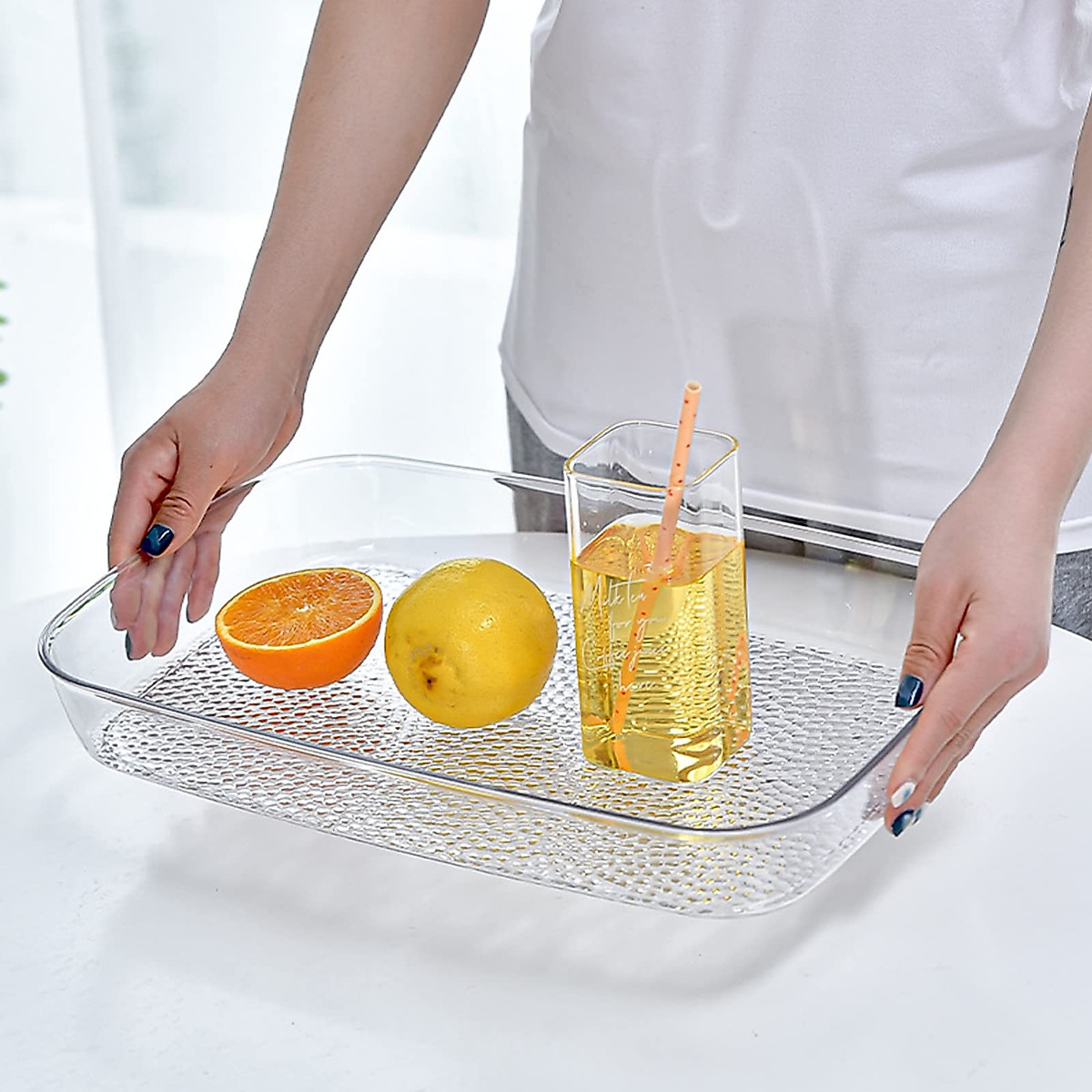 Lyellfe 4 Pack Clear Serving Tray, 15 x 10 Inch Deep Serving Platter, Spill Proof Decorative Coffee Table Perfume Tray for Bathroom, Dining Table, Vanity Cabinet