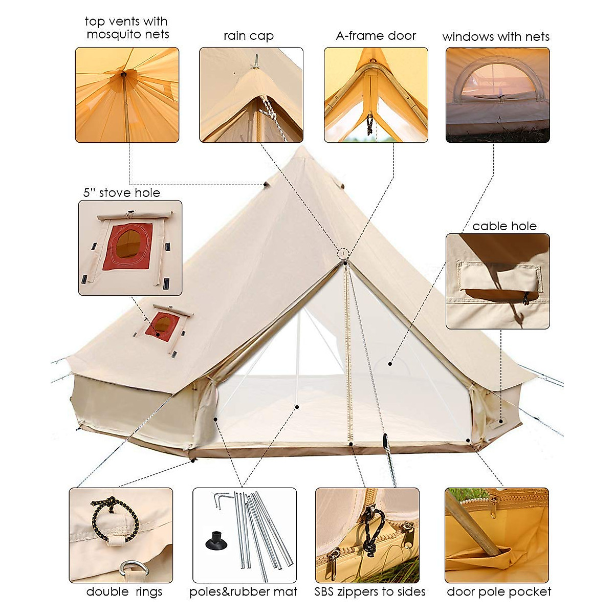 UNSTRENGH Large Beige Luxury 4-Season Camping Cotton Canvas Bell Tent Double Doors Camping Hunting Tent with Stove Jack Hole, Cable Hole