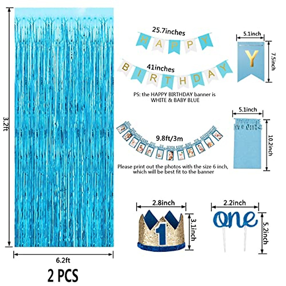 JOYYPOP 1st Birthday Boy Decorations 66PCS Blue 1st Birthday Decorations for Boy with 12 Months Photo Banner, 1st Birthday Baby Crown, Cake Topper, 1st Birthday Highchair Banner