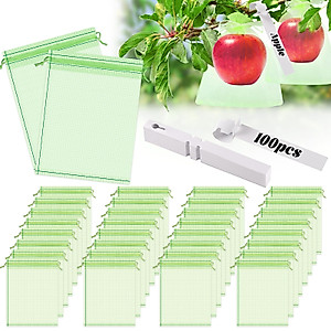 Gushu 100pcs Fruit Protection Bags, 6 x 8 Inch Green Fruit Netting Cover Bags with 100pcs Plant Label Drawstring Mesh Fruit Protectors Pest Barrier for Plant Fruit Vegetable Veggies Garden