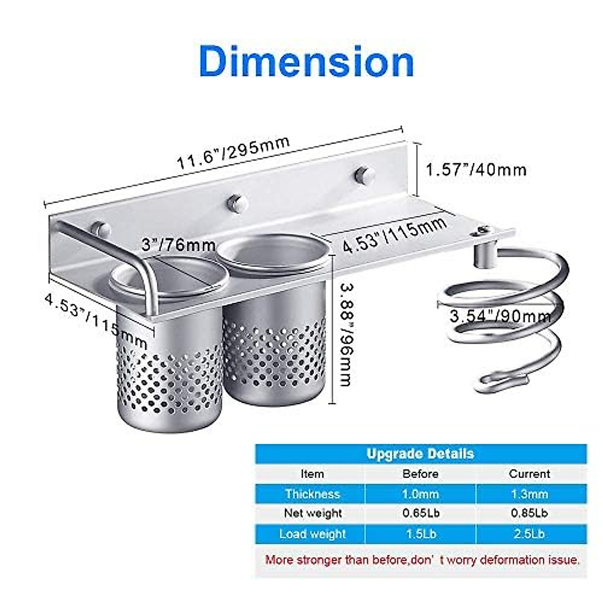Hair Dryer Holder Wall Mount, Toothbrush Hairdryer Holder Organizer Storage Handing Rack, Upgrade Special Aluminum, Bathroom Hanging Rack Organizer with 2 Cups