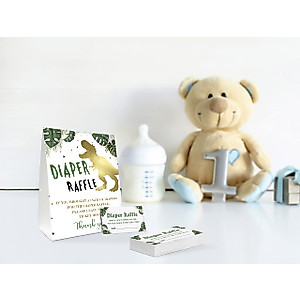 Diaper Raffle Baby Shower Game, 1 Standing Sign and 50 Tickets, Dinosaur Theme Gender Neutral For Boys or Girls, Bring A Pack of Diapers for Mom-To-Be, (031)