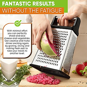 Professional Box Grater, Stainless Steel with 4 Sides, Best for Parmesan Cheese, Vegetables, Ginger, XL Size, Black