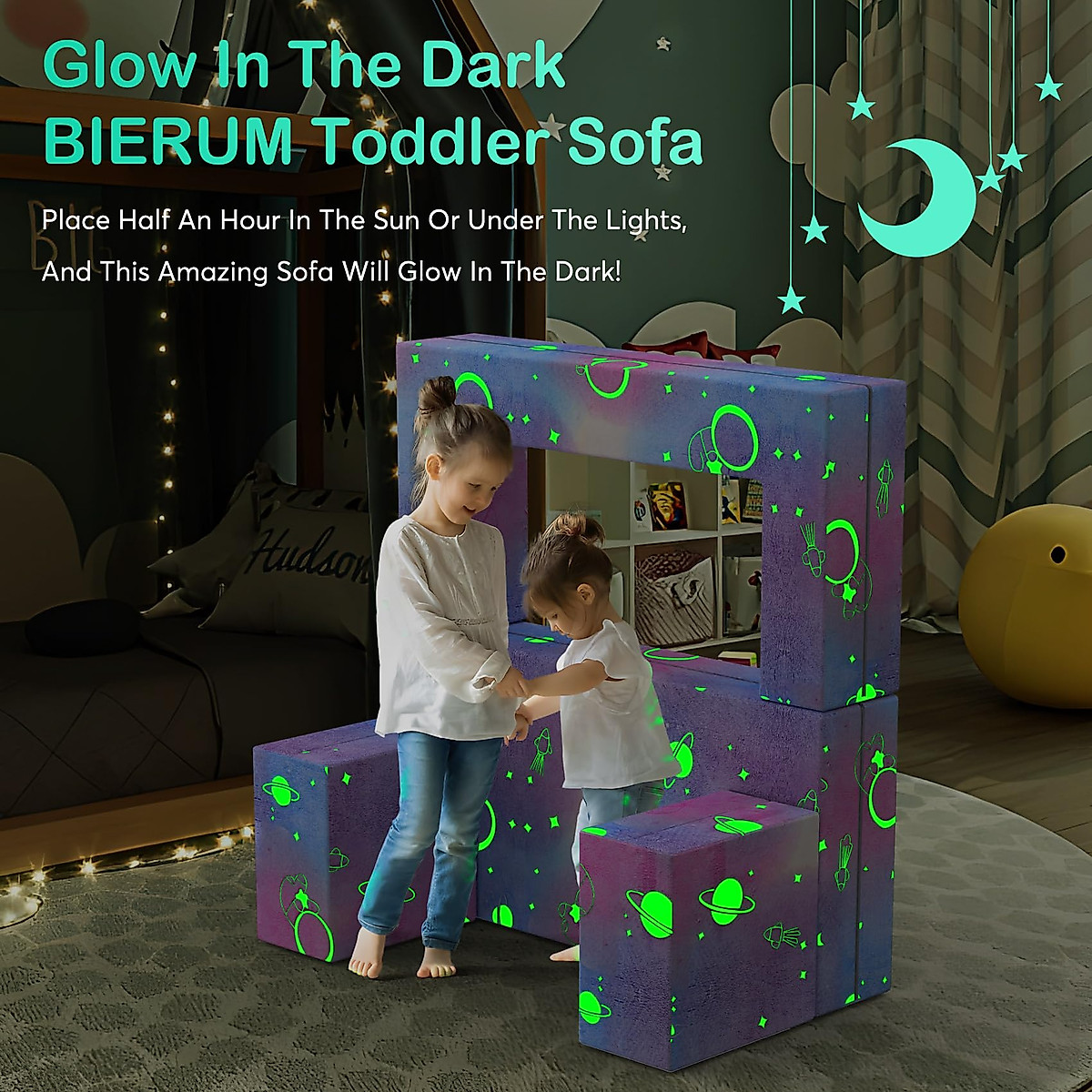BIERUM Kids Couch, 6PCS Modular Kids Play Couch with Blanket, Kids Sofa Couch with Glow Effects for Playroom & Indoor, Convertible Toddler Couch for Girls and Boys