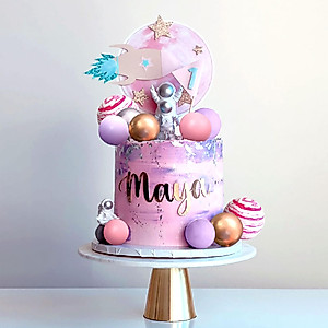 LaVenty Pink Space Cake Toppers Outer Space Astronaut Rocket Stars Cake Decorations for Birthday Party Supplies Baby Shower