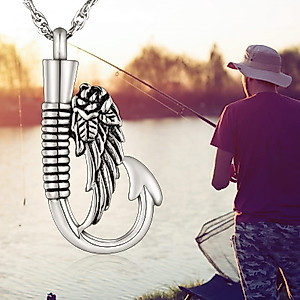 abooxiu Fishing Hook Urn Necklace for Ashes Angel wing Fish Hook Stainless Steel Cremation Jewelry Memorial Pendant Keepsake Ashes Holder