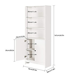 SHUANGZ 3 Tier Bookcase with Doors, 27.5 x 11.8 x 65.7 Inch Storage Organizer Cabinet with 3 Open Shelves, Tall Book Shelf Free Standing Floor Cabinet for Home Office, White
