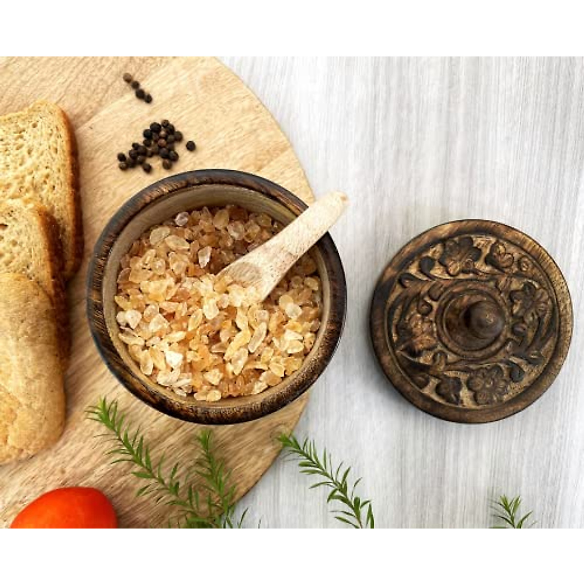 Rustic Salt Box Cellar with Hand Carved Lid & Spoon, Wooden Salt Pinch Bowls | Wood Salt Keeper, Spice Bowls for Cooking | Salt Pepper Tea Sugar Coffee Storage Holder for Kitchen, Mothers Day Gift