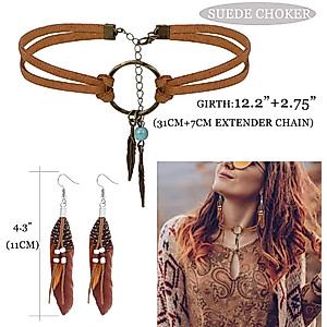 Jstyle Jewelry Set for Women, Feather Headdress Dangle Earrings Leather Suede Choker Necklace Bracelet Hippie Bohemian Retro Jewelry A