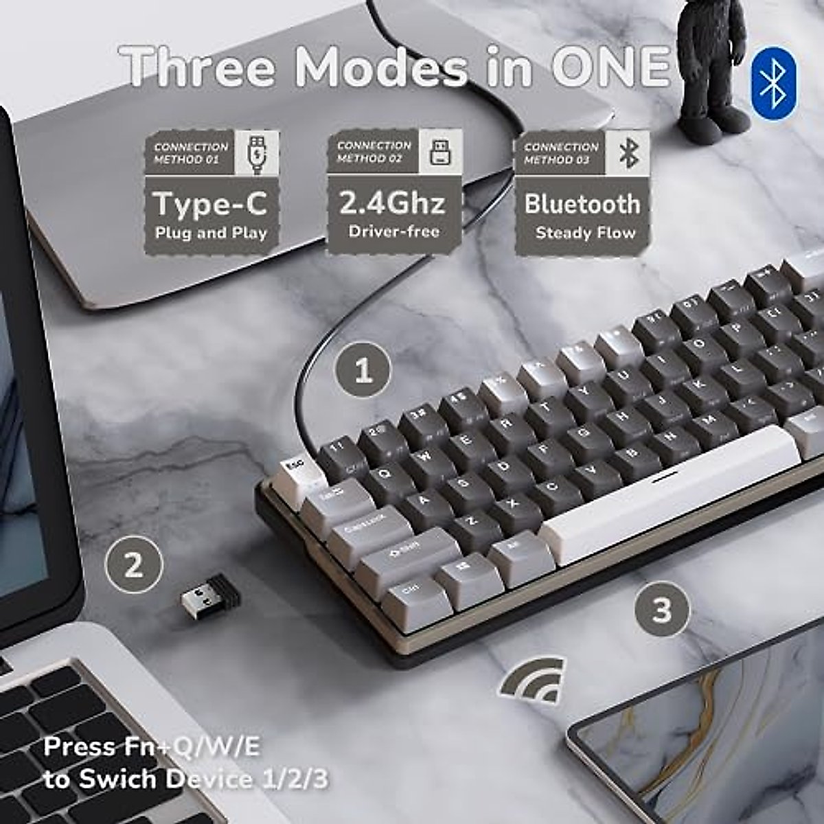 RK ROYAL KLUDGE RK61 Plus Wireless Gaming Keyboard, 60% Percent Mechanical Keyboard with Bluetooth/2.4Ghz/USB Modes, Hot Swappable RGB Keyboard for PC Gamers, Silent Linear Viridian Switches
