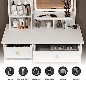 AIEGLE Vanity Desk Set with Lighted Rectangular Mirror, 3 Colors LED Lighted Makeup Vanity Drawer Dressing Table with Open Shelves & Cushioned Stool, Vanity Stool Set, White - Rectangular Mirror