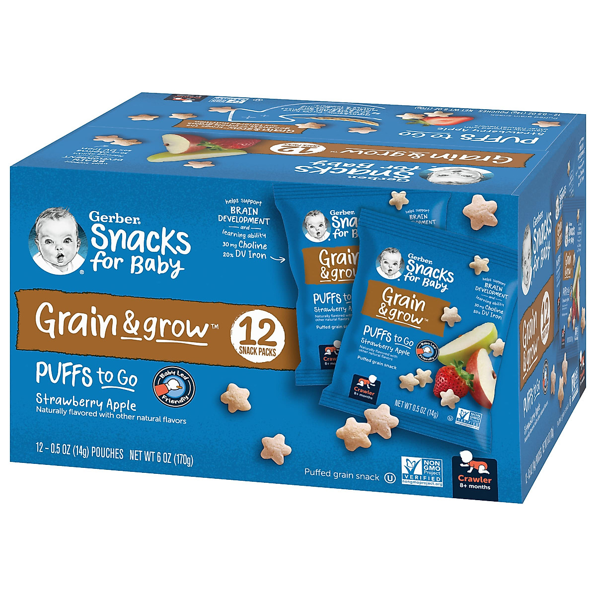 Gerber Snacks for Baby Grain & Grow Puffs To Go, Strawberry Apple, Non-GMO Puffed Grain Baby Snack for Crawlers, Pack of 1 Box