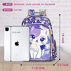 Girls Backpack 16 Inch Kids Backpacks for Girls Cute Cat Backpack for Girls Kawaii Light Purple Backpack for Preschool Elementary Kindergarten Large Capacity