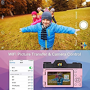 Monitech Digital Cameras for Photography, 48MP&4K Vlogging Camera for YouTube, Video Camera with Wide-Angle & Macro Lenses, 16X Digital Zoom, Flip Screen, External Microphone, 32GB TF Card - Pink