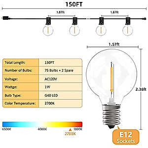 Bomcosy Patio Lights Outdoor String Lights with Remotes 150ft, G40 LED String Lights with Waterproof Shatterproof 77 Bulbs(2 Spare), 2700K Outside Globe Lights for Backyard Wedding Party Porch