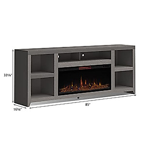 Bridgevine Home Driftwood Fireplace TV Console, 84 inches, Accommodates TVs up to 95 inches, Fully Assembled, Wire Brushed Oak Solid Wood, Driftwood Finish