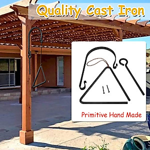 Cast Iron Triangle Dinner Bell Chuckwagon Wall Mounted Primitive Hand Made Metal Bell Cowboy Western Wagon Decor Suitable for Outdoor Farm Garden Kitchen (Hand Forged Dinner Bell + Hanger + Striker)